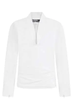 Jacquemus Soft Cotton V-neck Long-sleeve Blouse With Zip Sleeves - White
