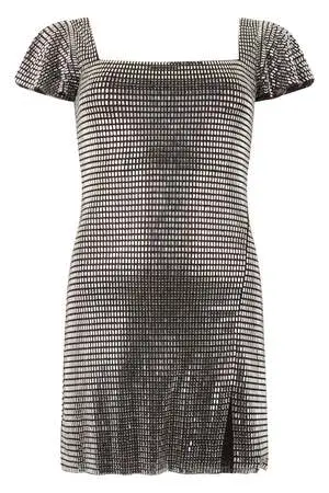 SELF-PORTRAIT Self-Portrait Square-Neck Rhinestone Tulle Mini Dress With Puff Sleeves