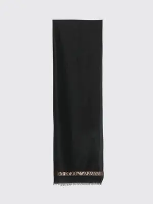 Emporio Armani Virgin Wool Scarf With Contrasting Logo And Fringed Edges - Black