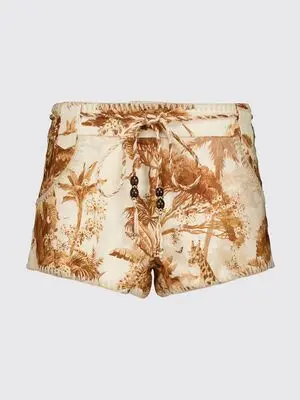 Zimmermann Indra Slim Fit Linen Shorts With Graphic Print And Belt - Brown