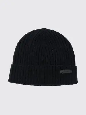 Brioni Ribbed 100% Cashmere Beanie With Cuff And Applied Logo - Navy