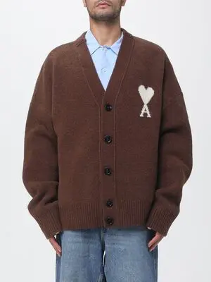 AMI Paris Alpaca Wool V-neck Cardigan With Jacquard Logo - Brown