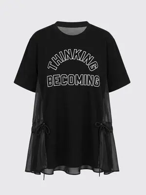 Sacai Cotton T-shirt With Chiffon Inserts And Drawstring Waist