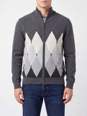 BALLANTYNE Argyle Pattern 100% Cashmere Zip Cardigan - Grey