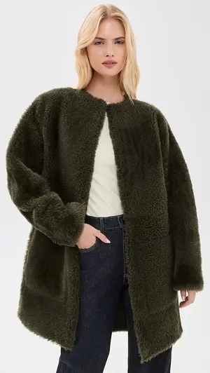 Vince Reversible Shearling Car Coat - Dark Moss