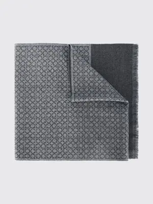 FERRAGAMO Gancini Pattern Pure Wool Scarf With Fringed Edges - Grey