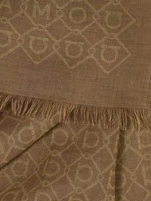 FERRAGAMO Cotton Scarf With Gancini Logo And Fringed Hem - Beige