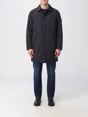 Stone Island Single-breasted Knee-length Trench Coat In Nylon With Logo Patch - Black