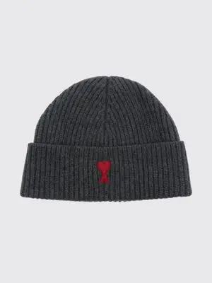AMI Paris Wool Beanie Hat With Contrast De Coeur Logo - Grey