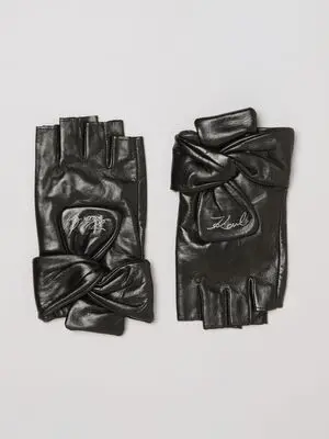 Karl Lagerfeld Smooth Goat Leather Gloves With Monogram And Bow - Black