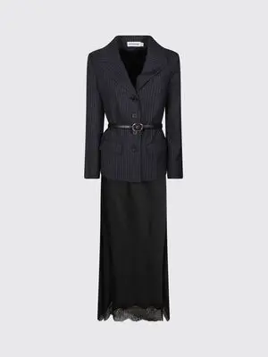 SELF-PORTRAIT Pinstripe Midi Blazer Dress With Peak Lapels And Lace Inserts