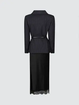 SELF-PORTRAIT Pinstripe Midi Blazer Dress With Peak Lapels And Lace Inserts