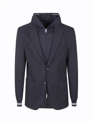 Eleventy Single-breasted Cotton Blazer With Hood And Contrast Piping - Blue