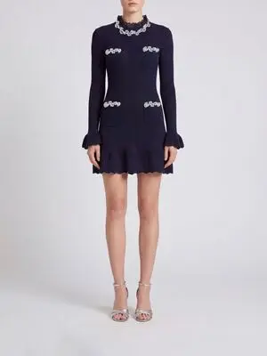 SELF-PORTRAIT Off-shoulder Pointelle-knit Mini Sheath Dress With Jewel Buttons - Navy