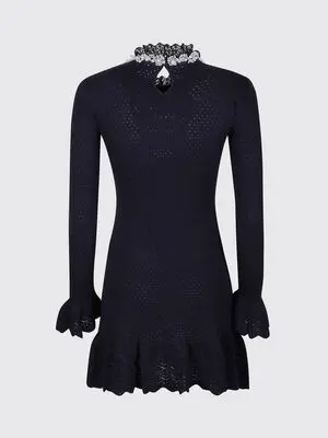 SELF-PORTRAIT Off-shoulder Pointelle-knit Mini Sheath Dress With Jewel Buttons - Navy
