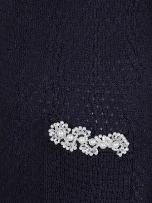 SELF-PORTRAIT Off-shoulder Pointelle-knit Mini Sheath Dress With Jewel Buttons - Navy