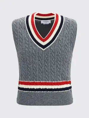 Thom Browne Striped V-neck Merino Wool Knit Vest With Signature Flag - Grey