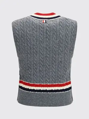 Thom Browne Striped V-neck Merino Wool Knit Vest With Signature Flag - Grey