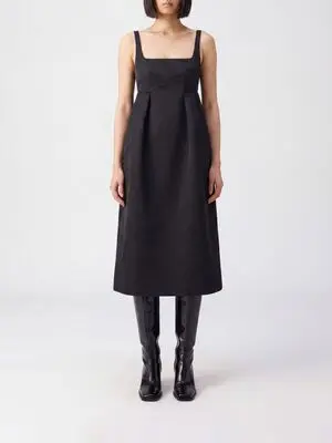 GANNI Polyester Midi Dress With Square Neckline And Off-the-shoulder Design - Black