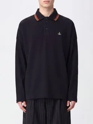 VIVIENNE WESTWOOD Long-sleeved Cotton Polo Shirt With Embroidered Orb Logo - Black