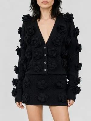 Philipp Plein Wool Blend V-neck Cardigan With Flower Appliqu