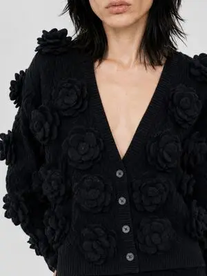 Philipp Plein Wool Blend V-neck Cardigan With Flower Appliqu
