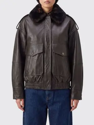 Loulou De Saison Short Calf Leather Jacket With Fur Collar And Epaulettes - Coffee