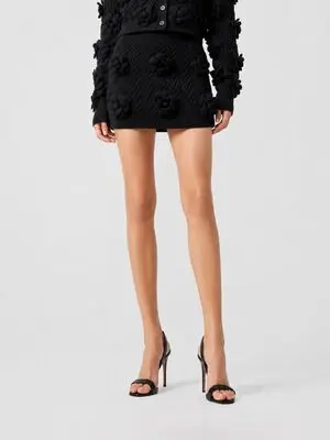 Philipp Plein Pencil Mini Skirt In A Wool Blend With A Flower Appliqu