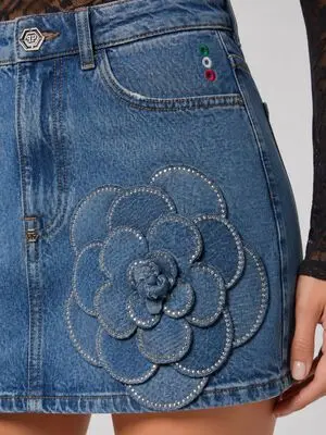 Philipp Plein High-waisted Mini Skirt With Rhinestones And Flower Appliqu