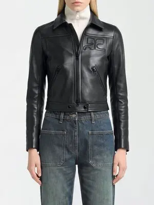 COURREGES Cropped Smooth Lambskin Biker Jacket With Monogram Logo