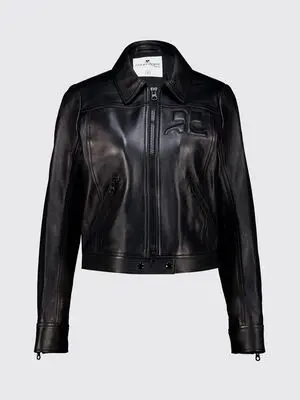 COURREGES Cropped Smooth Lambskin Biker Jacket With Monogram Logo