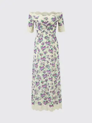 Rabanne Floral Print Long Dress With Lace Inserts On The Neckline