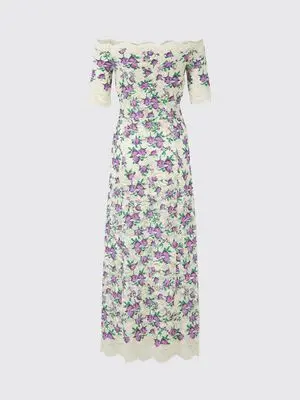 Rabanne Floral Print Long Dress With Lace Inserts On The Neckline