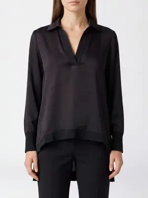 PAULA Classic Collar V-neck Blouse In Matte Silk Satin With Long Sleeves - Black