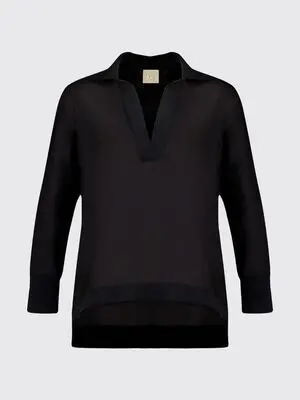 PAULA Classic Collar V-neck Blouse In Matte Silk Satin With Long Sleeves - Black