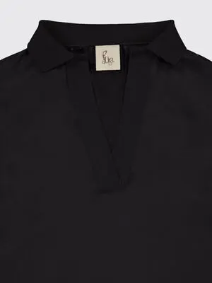 PAULA Classic Collar V-neck Blouse In Matte Silk Satin With Long Sleeves - Black