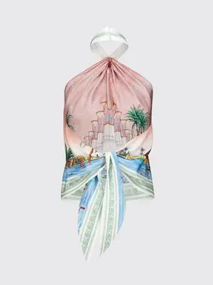 Casablanca Printed Pure Silk Halter Top With Open Back