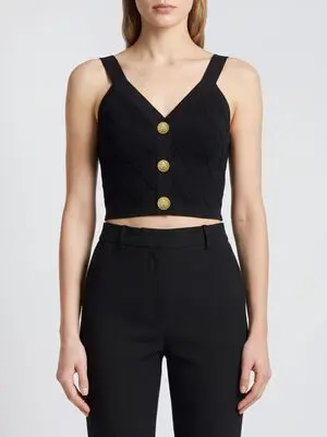 Balmain Cropped Knit Top With V-neck And Decorative Buttons