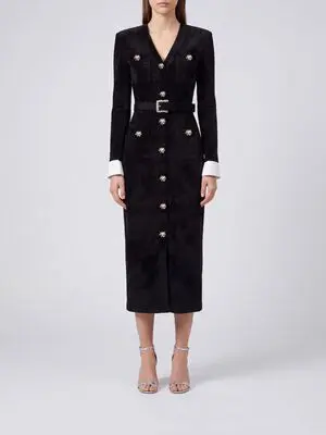 SELF-PORTRAIT Velvet Midi Sheath Dress With Jewel Buttons And Padded Shoulders