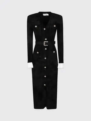 SELF-PORTRAIT Velvet Midi Sheath Dress With Jewel Buttons And Padded Shoulders
