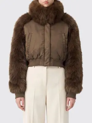 Pinko Cropped Bomber Jacket In Nylon And Satin With Faux Fur Inserts - Brown