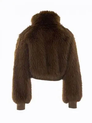 Pinko Cropped Bomber Jacket In Nylon And Satin With Faux Fur Inserts - Brown