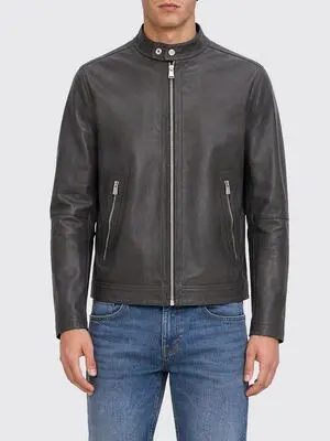 BOSS Short Leather Biker Jacket With Biker Collar And Metal Zip Closures - Brown