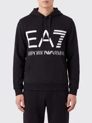 EA7 Slim Fit Contrast Logo Cotton Hoodie - Black