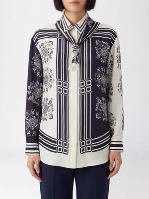 ALEMAIS Banderra Floral Print Pure Silk Shirt With Scarf Neck - Ink