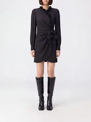 Alessandra Rich Pure Silk Wrap Mini Dress With Rouches Collar - Black