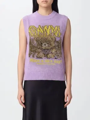 GANNI Teddy Bear Print Slim Fit Wool Blend Knit Vest With Jacquard Logo - Lilac