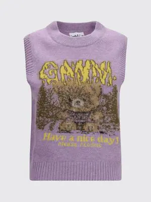 GANNI Teddy Bear Print Slim Fit Wool Blend Knit Vest With Jacquard Logo - Lilac