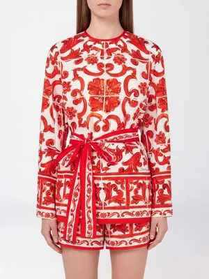 Dolce & Gabbana Majolica Print Silk Blouse With A Tie-waist Detail