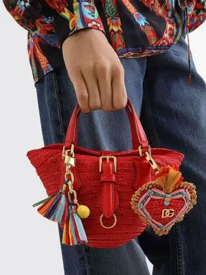 Dolce & Gabbana Heart-shaped Raffia Keychain With Embroide Dg Monogram